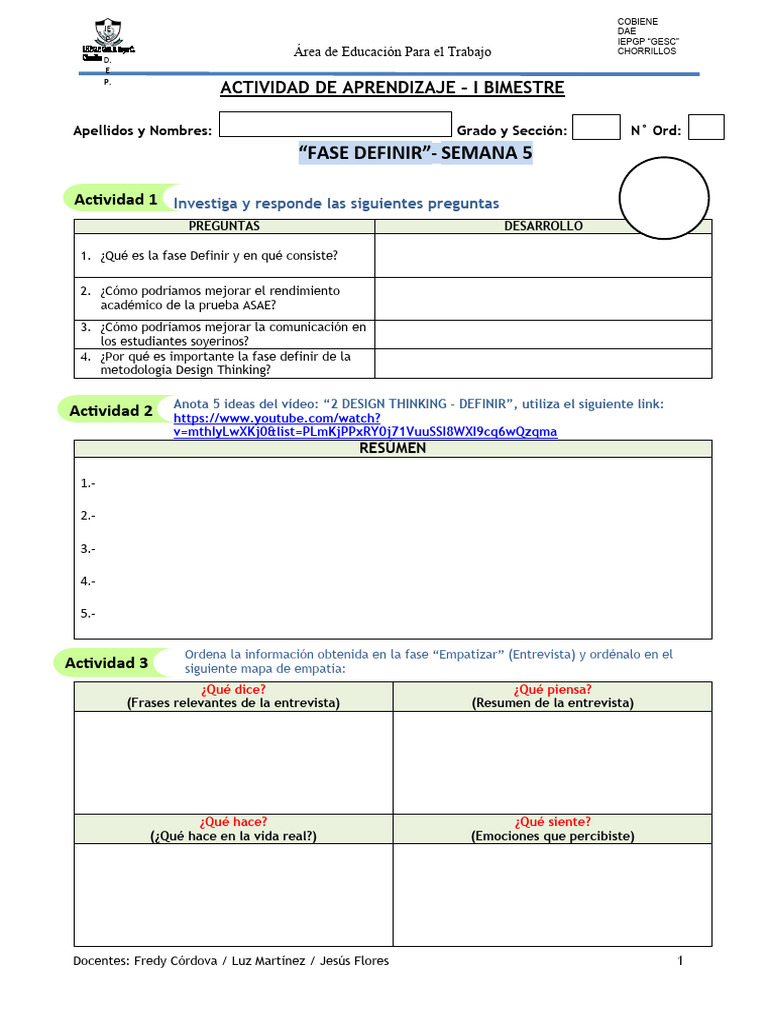 Act Aprend S5 4to Grado Design Thinking - Fase Definir | PDF | Ciencia ...