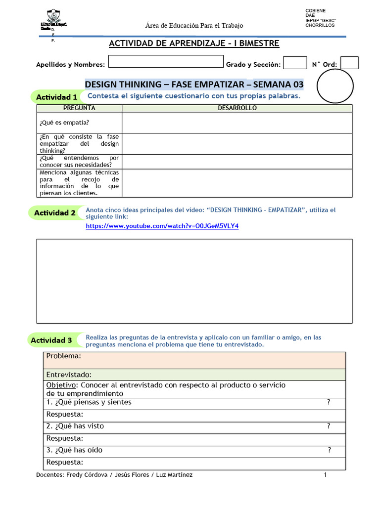 Act Aprend 3 4to Grado - Design Thinking - Fase Empatizar | PDF | Cognición