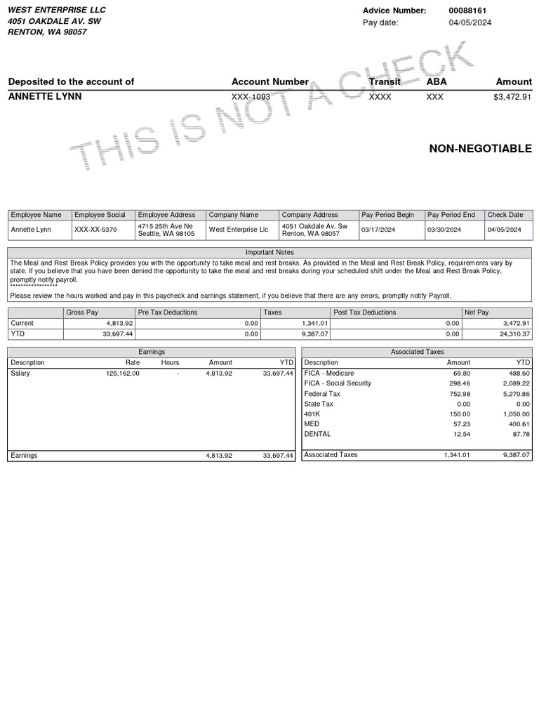 West Enterprise Pay Stub Details | PDF | Payroll | Employee Relations