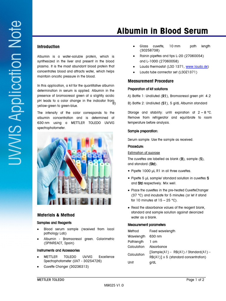 M9025 - Albumin in Blood Serum | PDF | Ultraviolet–Visible Spectroscopy | Spectrophotometry