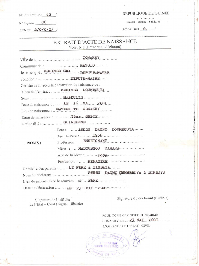 Doumbouya Extrait de Naissance | PDF