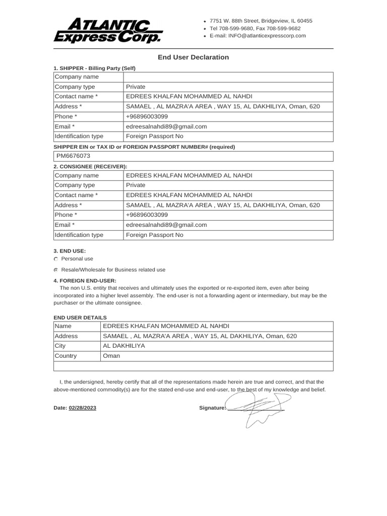 End User Declaration for Export Shipment | PDF