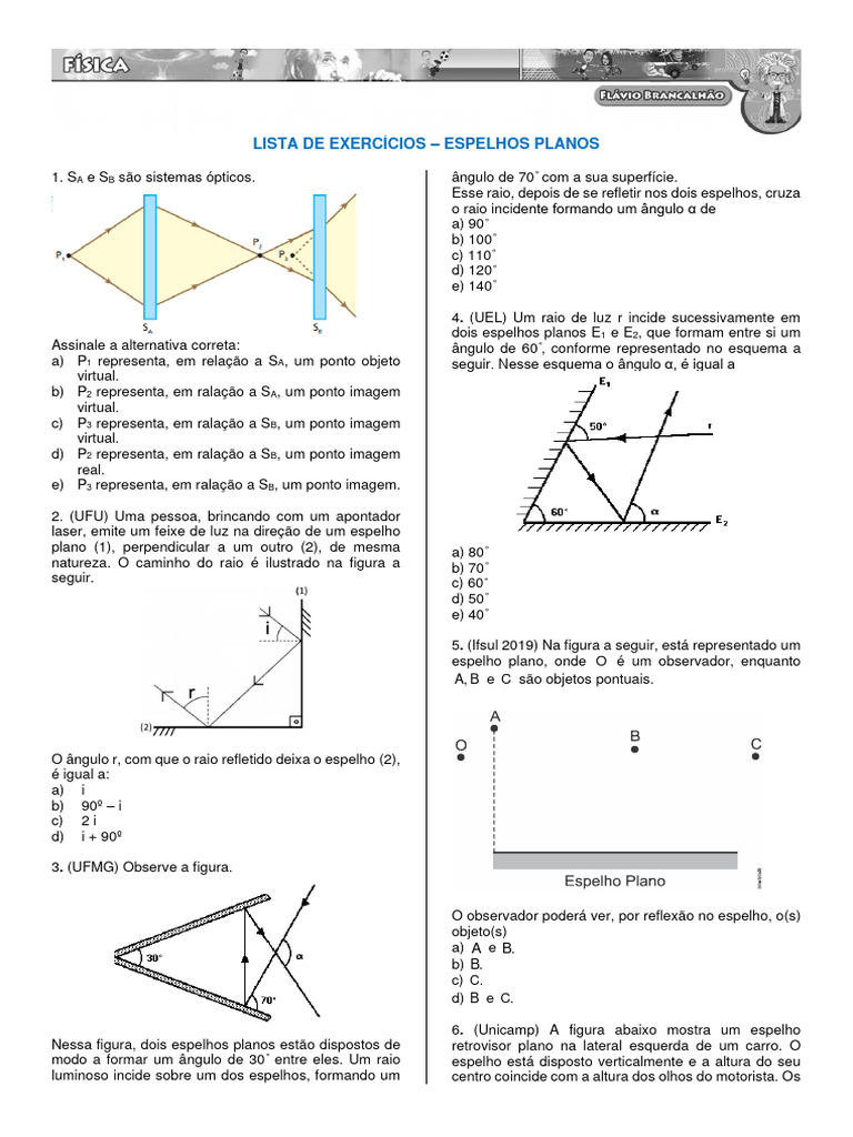 Espelhos Planos - Exercícios | PDF | Espelho | Reflexão (Física)