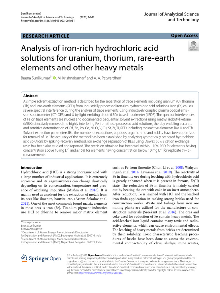Analysis of Iron-Rich Hydrochloric Acid Solutions For Uranium, Thorium, Rare-Earth Elements and ...