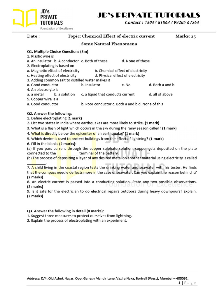 Chemical Effect of Electric Current, Some Natural Phenomena | PDF ...