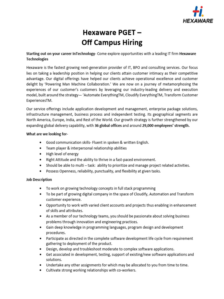 Hexaware PGET Off-Campus Hiring 2024 | PDF | Automation | Outsourcing