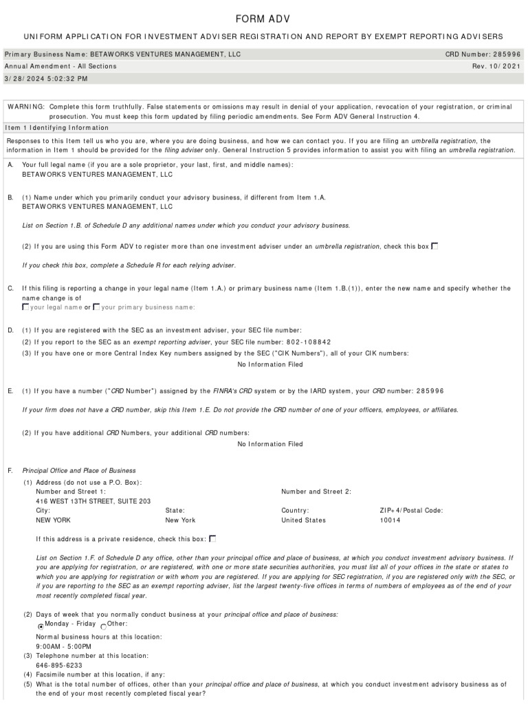 Form Adv: Uniform Application For Investment Adviser Registration and Report by Exempt Reporting ...