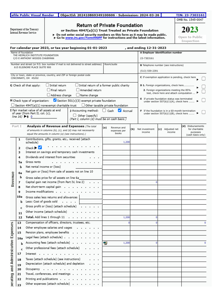 2023 Form 990-PF for Heimlich Institute | PDF | Capital Gain | Income