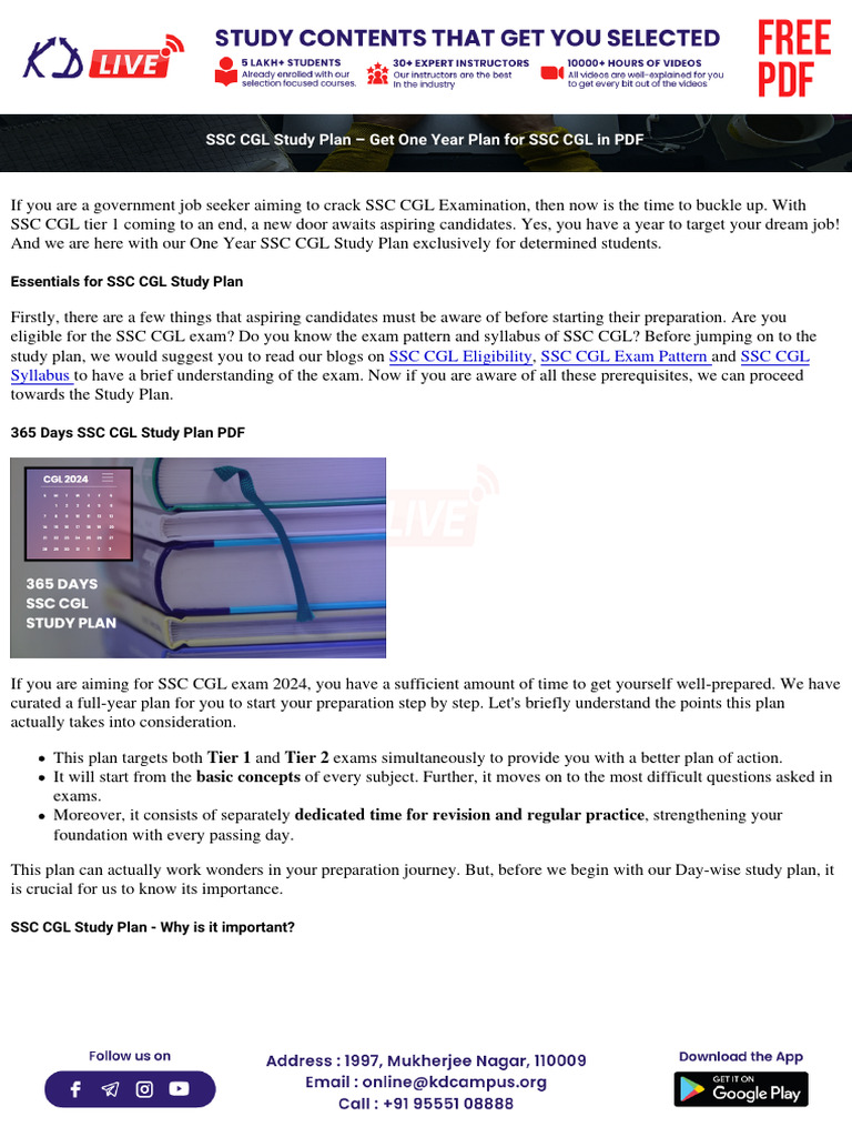 SSC Study Plan SSC CGL Study Plan Get One Year Plan For SSC CGL in PDF | PDF | Reason ...