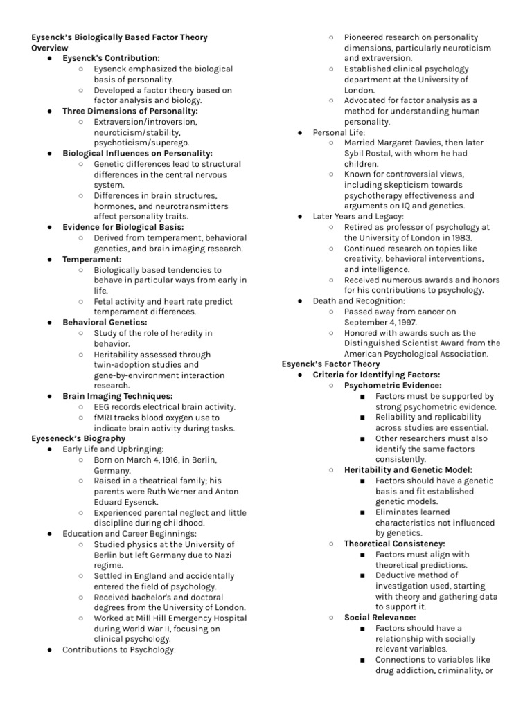Esyenck's Biologically Based Factor Theory | PDF | Extraversion And ...