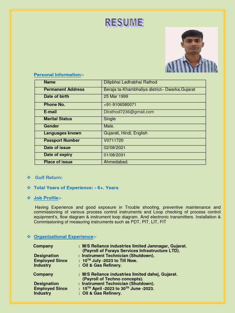 Dilip Rathod - Instrument Technician C.V. - Compressed | PDF ...