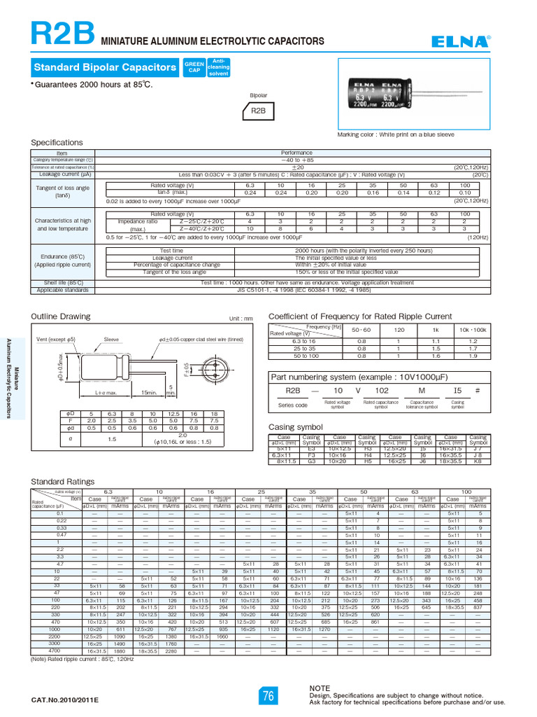 Elna (Bi-Polar Radial) R2B Series | PDF | Capacitor | Electronic Engineering