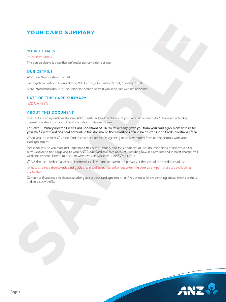 ANZ Card Summary Sample | PDF | Credit Card | Interest