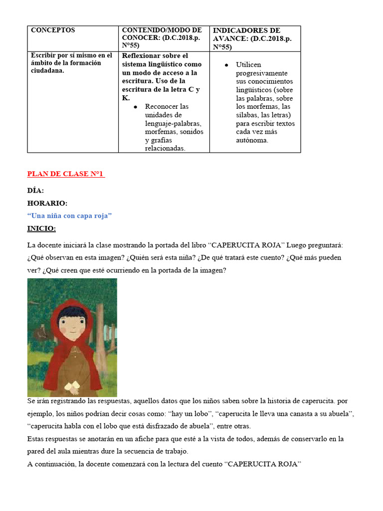Planes de Clase: Escritura y Letras C y K | PDF | Caperucita Roja ...