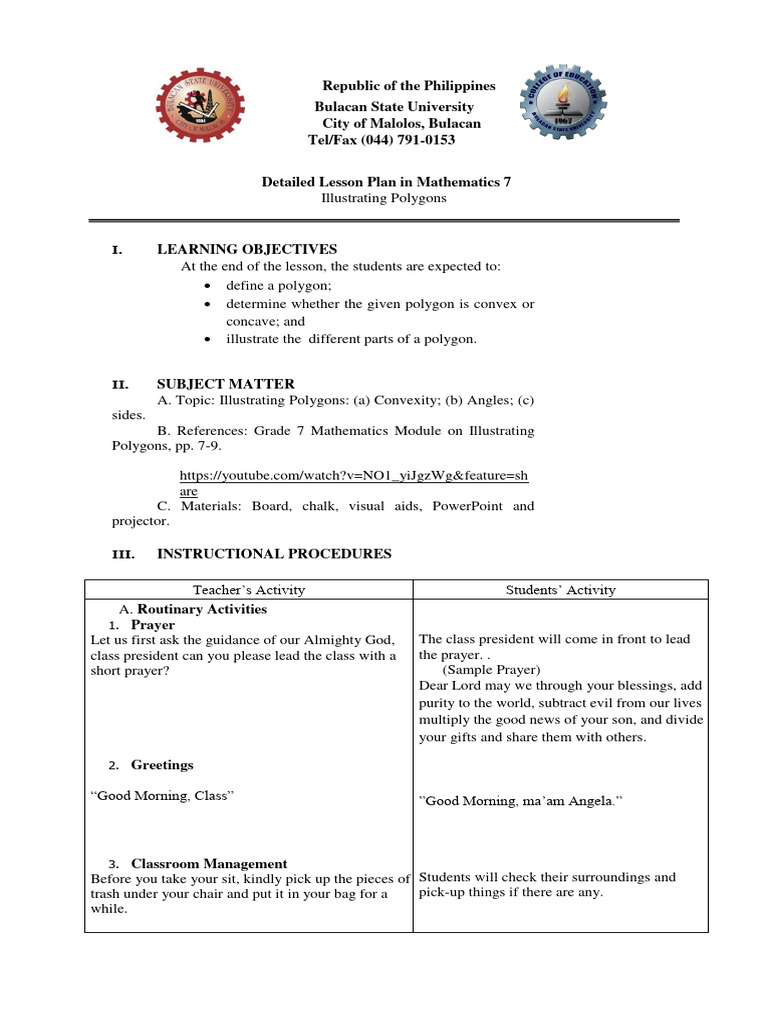 Detailed Lesson Plan Math 7 (Angela) | PDF | Polygon | Vertex (Geometry)