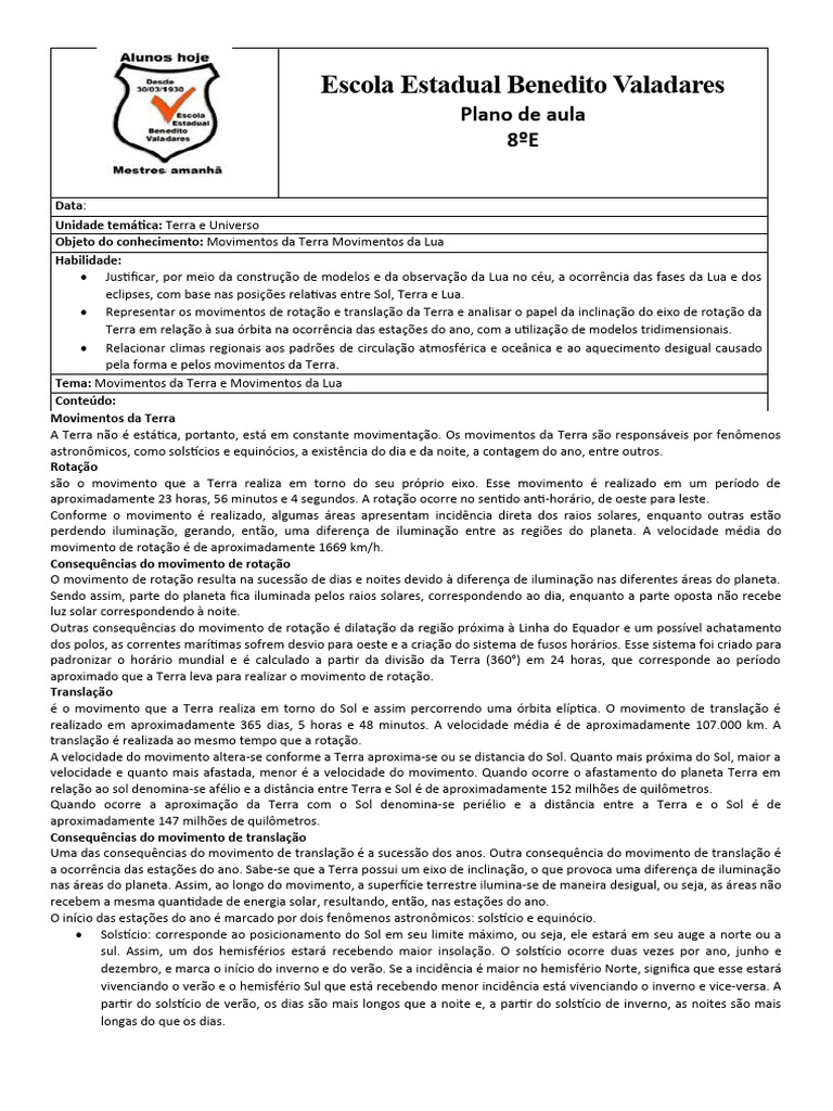 8º Parte 1 - Movimentos Da Terra e Da Lua | PDF | Terra | Lua