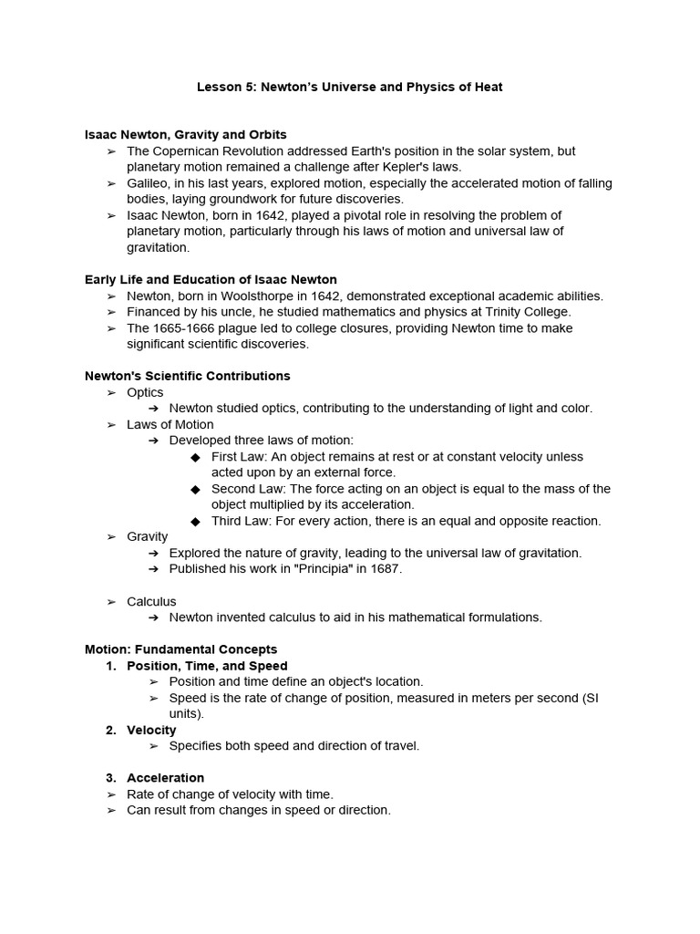 Lesson 5 - Newton's Universe and Physics of Heat | PDF | Orbit | Force