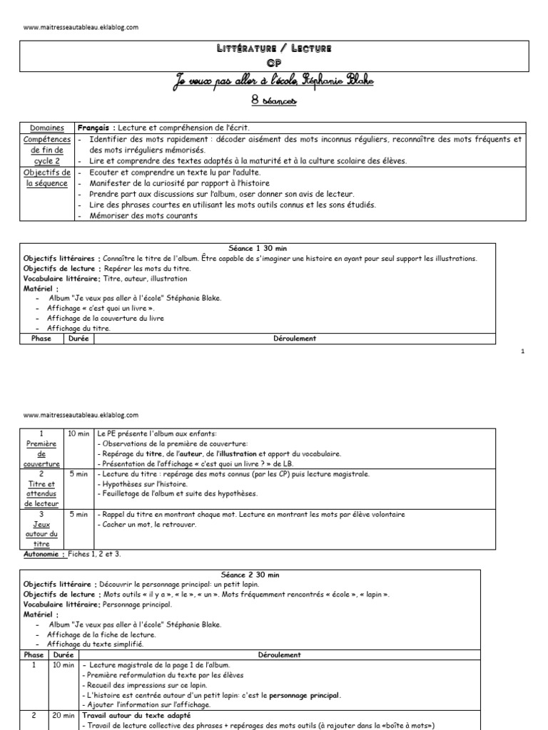 Fiche de Sequence Je Veux Pas Aller A L Ecole Lecture CP | PDF | BD