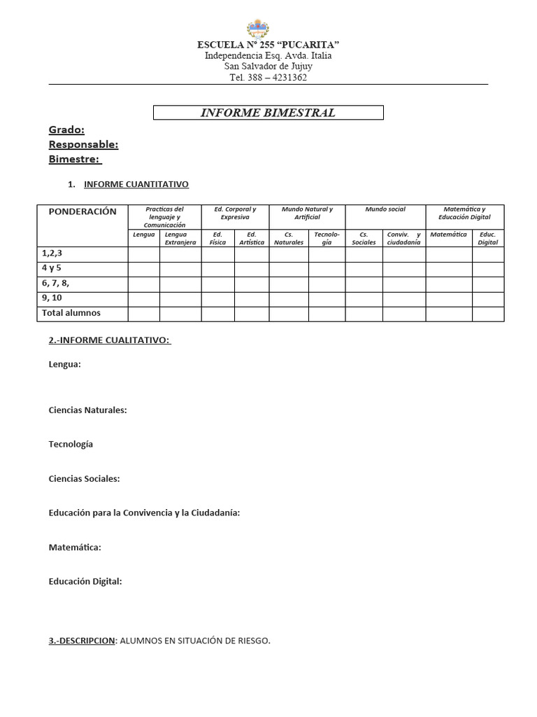 Informe Cuantitativo Bimestral Escolar | PDF