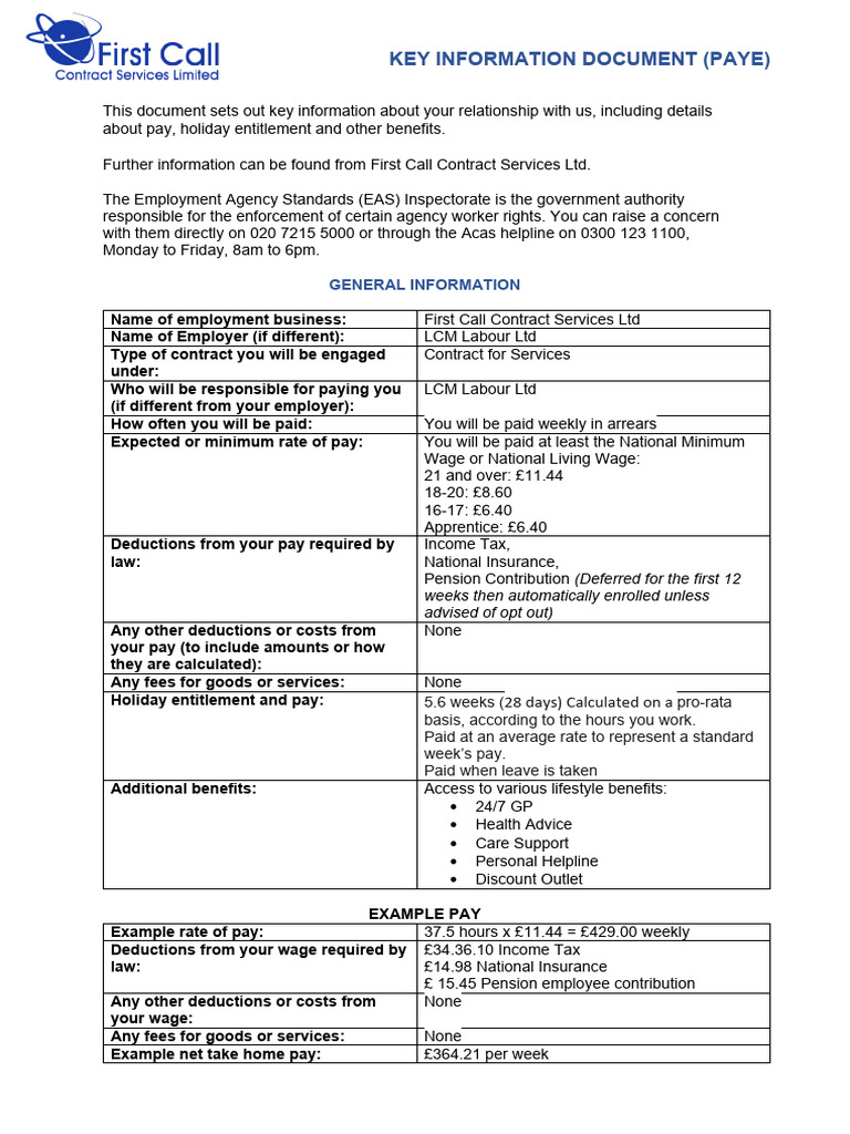 Key Information Document - PAYE LCM Labour April 2024-25 | PDF ...