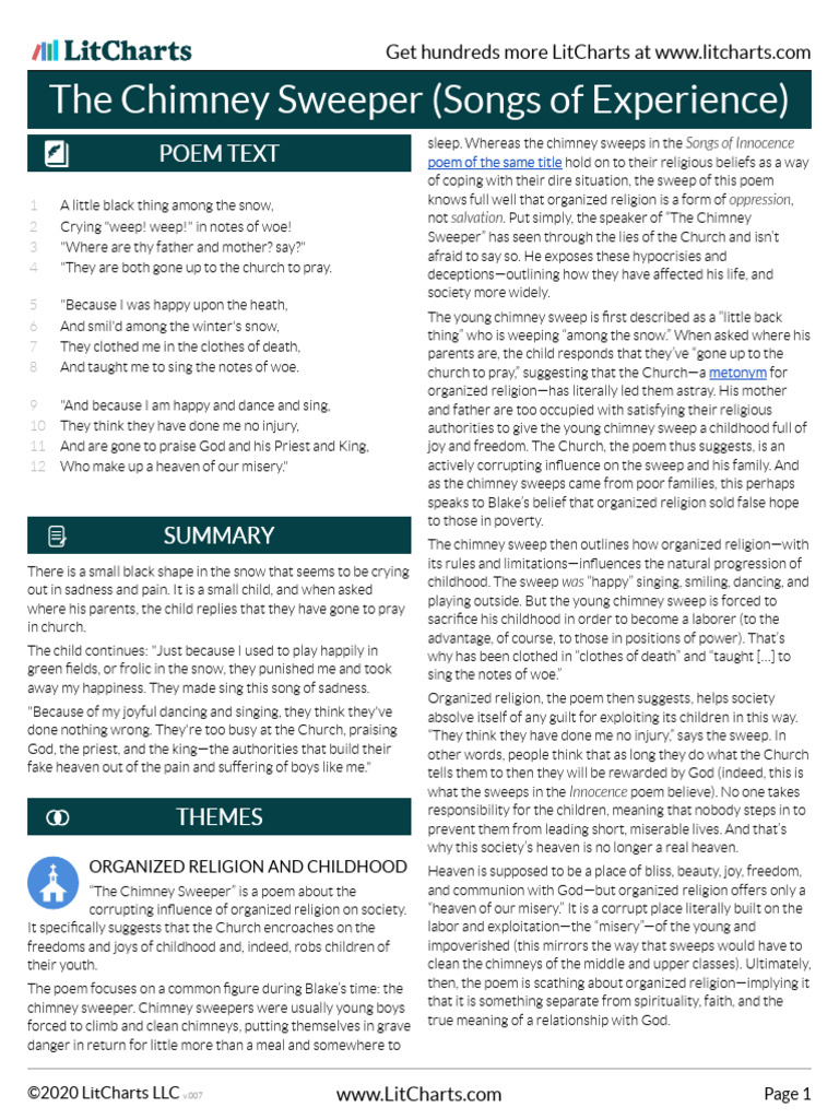 Litcharts The Chimney Sweeper Songs of Experience Eagerachiever | PDF ...