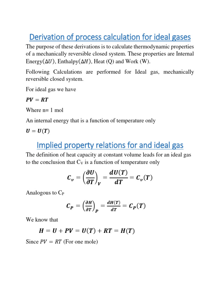 Derivation of Process Calculation For Ideal Gases | PDF | Gases | Heat