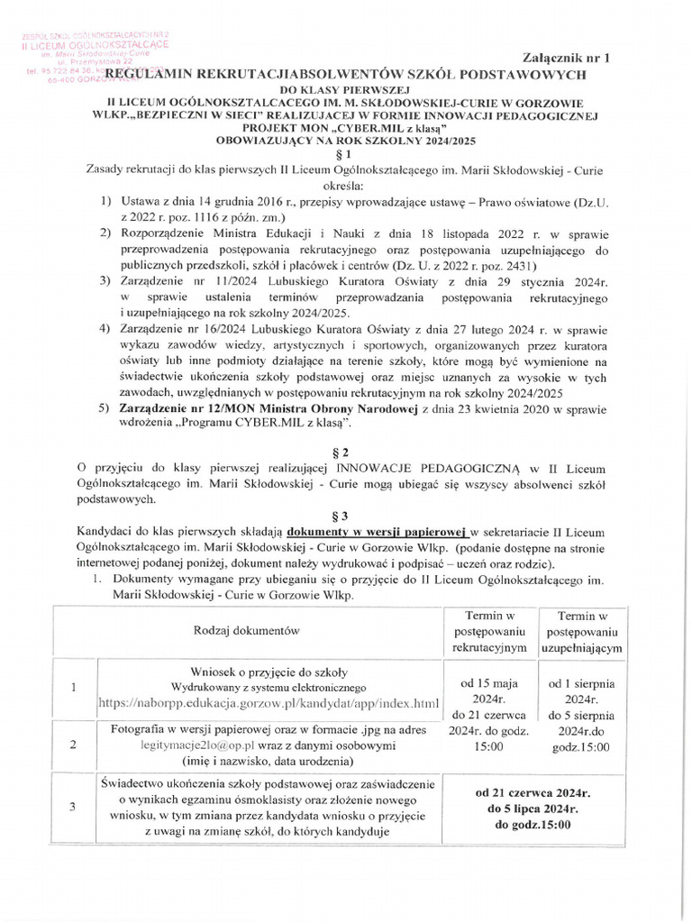 Regulamin Rekrutacji CYBER 2024 2025 | PDF