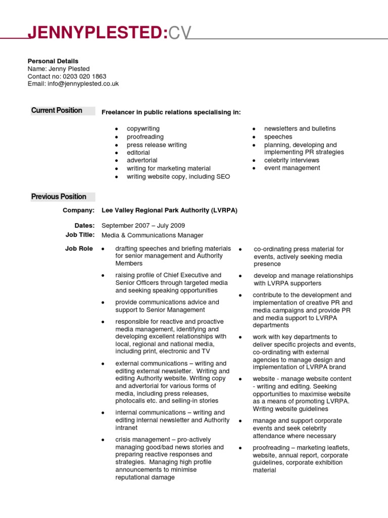 Jenny Plested CV | PDF | Public Relations | Editing