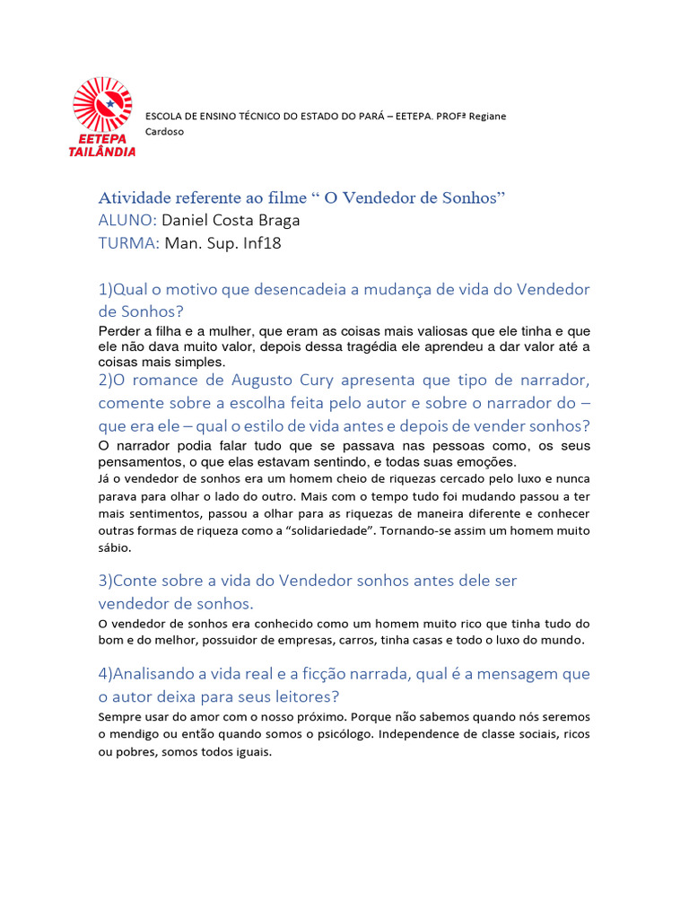 Atividade de Filosofia (O Vendedor de Sonhos) | PDF | Suicídio