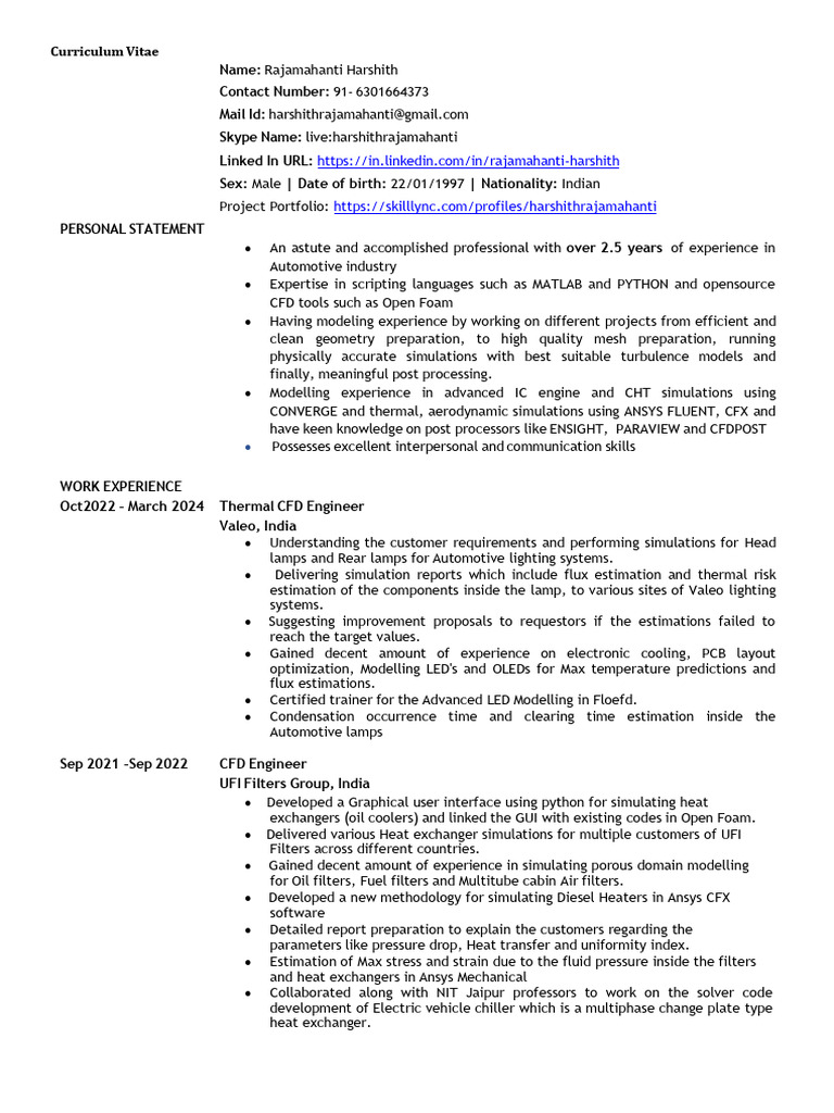 Rajamahanti Harshith CV | Download Free PDF | Simulation | Engineering