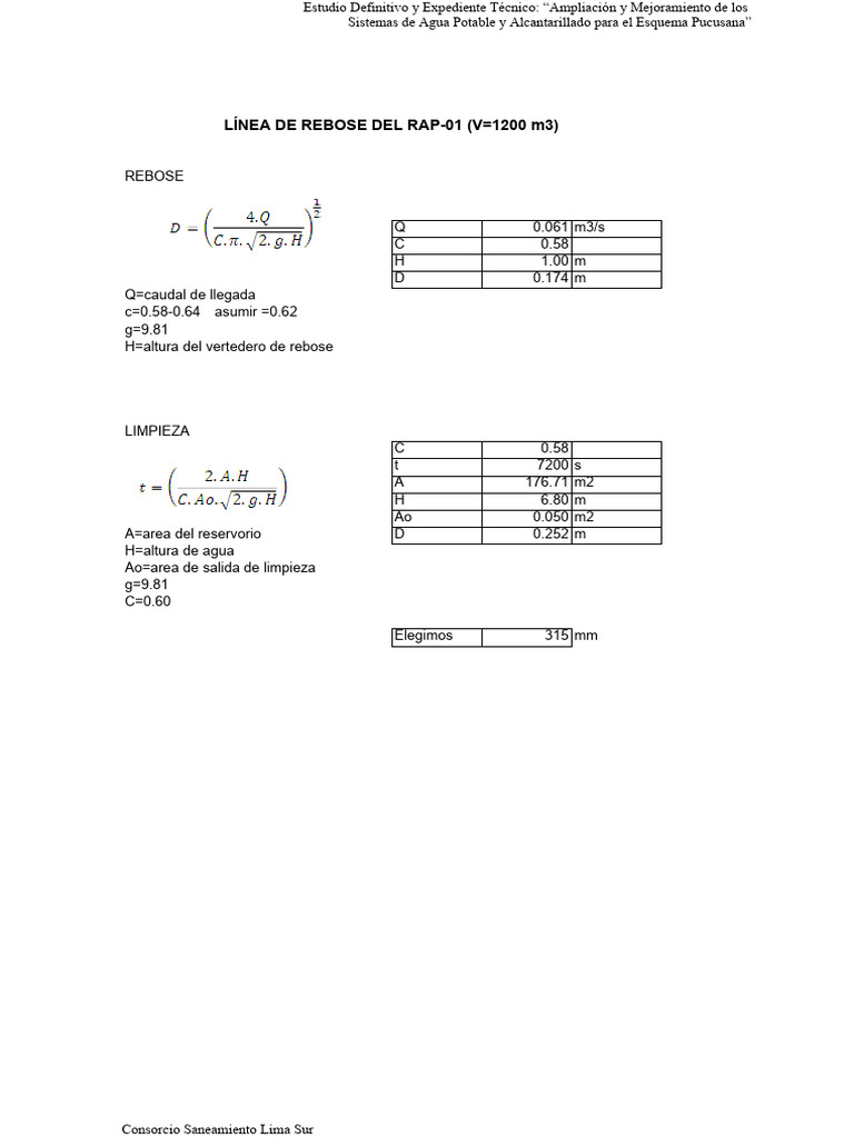 Calculo de Linea de Rebose de Reservorios | PDF | Servicios públicos ...