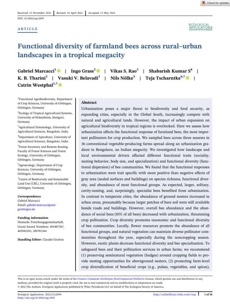 Marcacci Et Al. - 2022 - Functional Diversity of Farmland Bees Across ...