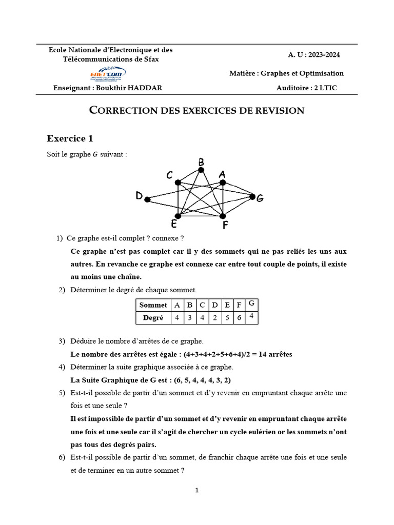 Correction Exercices Graphes 3ème Économie | PDF | Théorie des graphes ...
