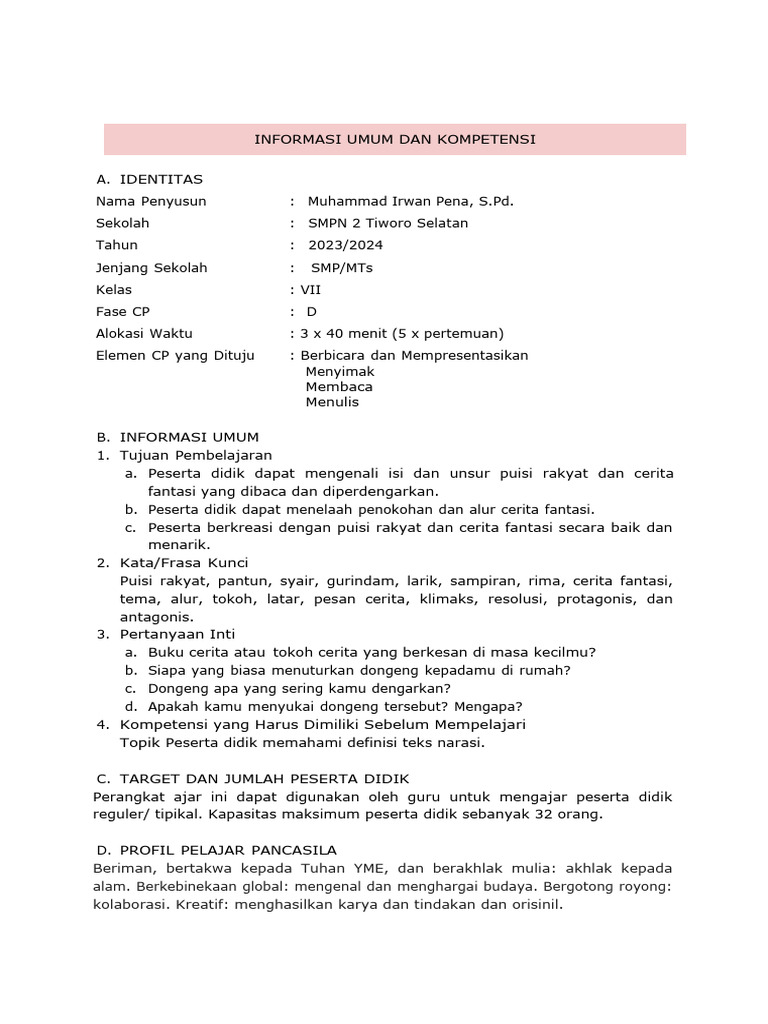 Modul Ajar Bahasa Indonesia - Bab 2 Berkelana Di Dunia Imajinasi - Fase D | PDF | Karier ...