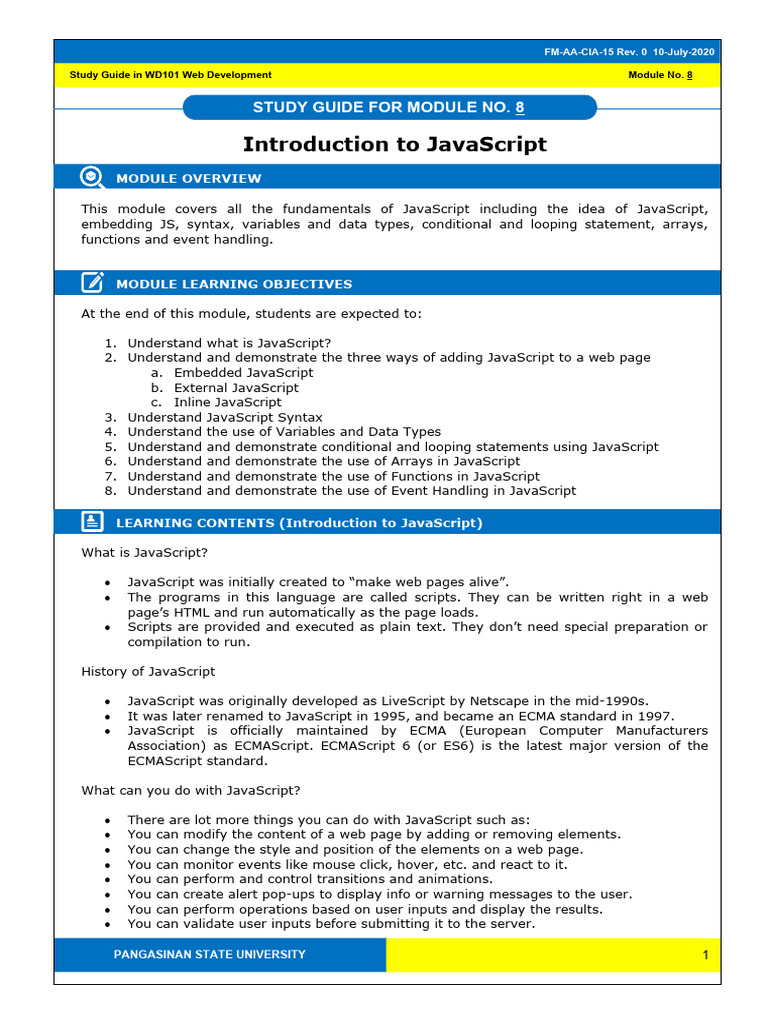 Module 08 Intro JS | PDF | Java Script | World Wide Web
