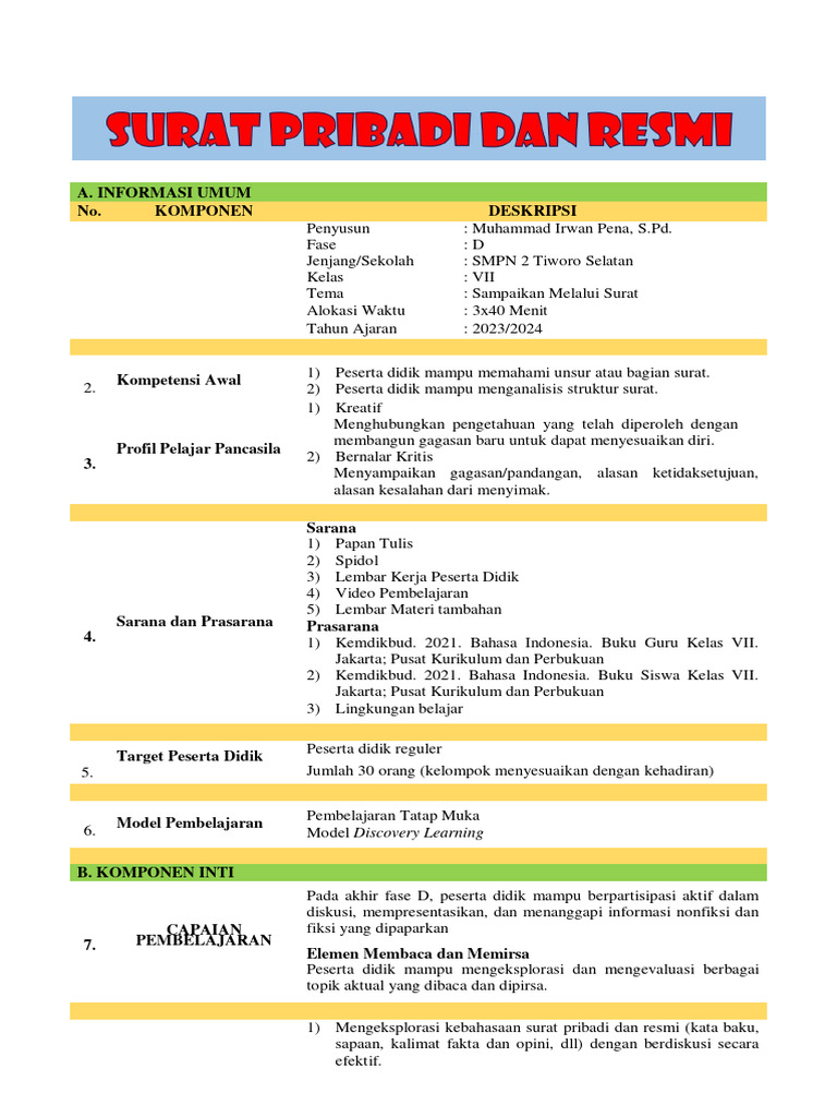Modul Ajar Bahasa Indonesia - Bab 6 SURAT PRIBADI DAN SURAT DINAS ...
