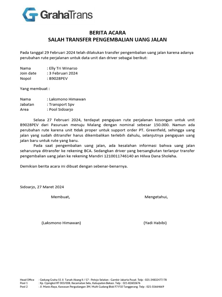 Berita Acara Salah Transfer Uang | PDF