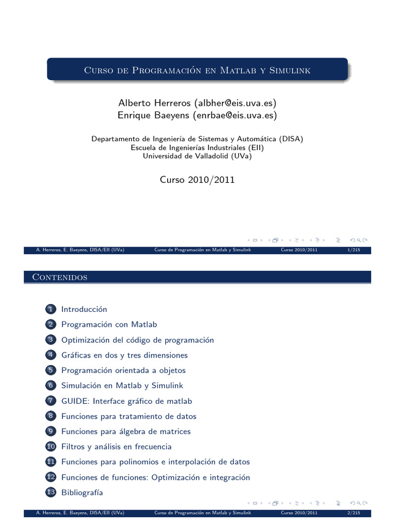 Curso de Programaci On en Matlab y Simul | PDF | Matriz (Matemáticas) | Matlab