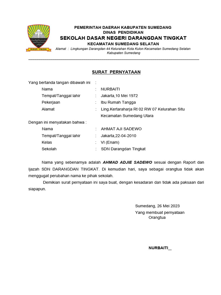 Surat Pernyataan Penggantian Nama | PDF Surat Pernyataan Penggantian Nama | PDF