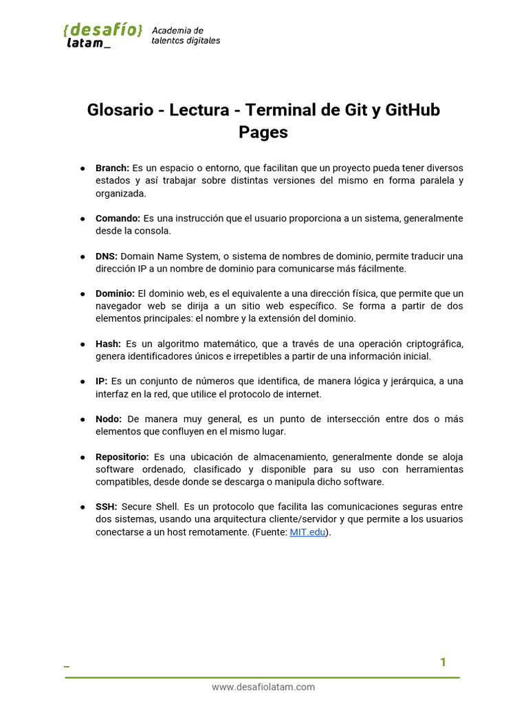 Glosario - Lectura - Terminal de Git y GitHub Pages | PDF