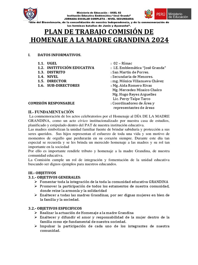 Plan De Trabajo Comisión Del Dia De La Amdre 2024 Pdf
