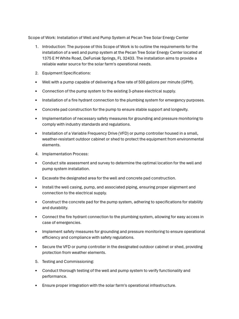 Installation of Well and Pump System at Pecan Tree Solar Energy Center ...