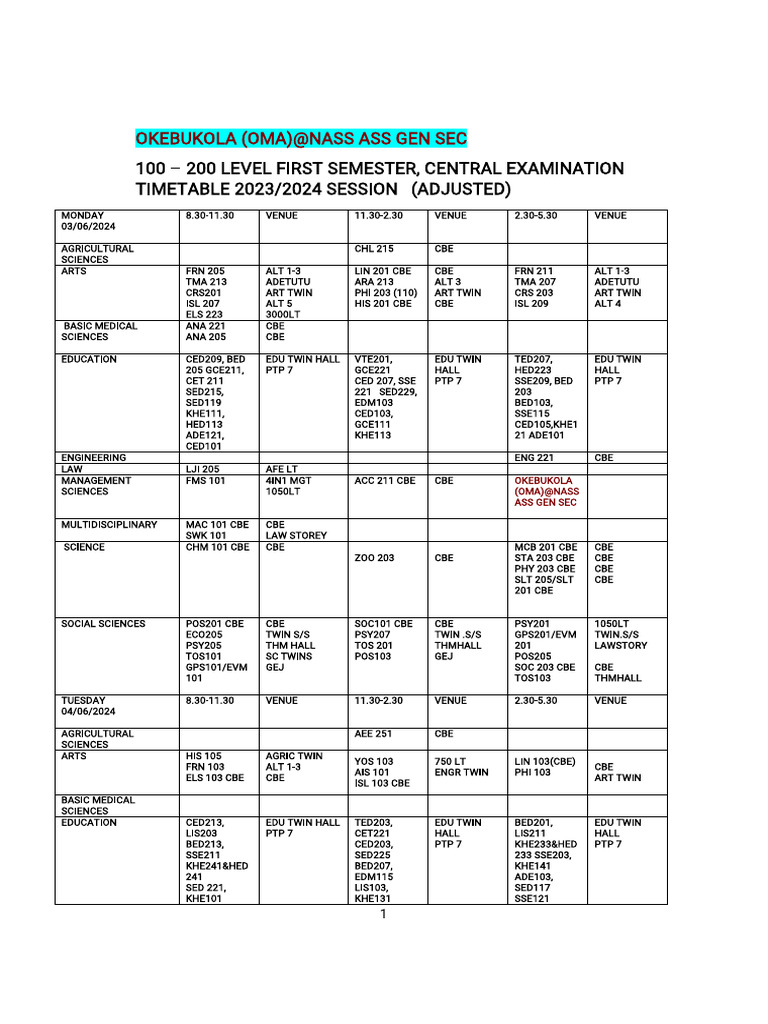 2023/2024 Exam Timetable for Levels 100-200 | PDF