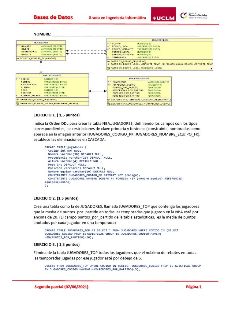 Ejercicios de SQL para Bases de Datos NBA | PDF | Bases de datos | Software de gestión de datos