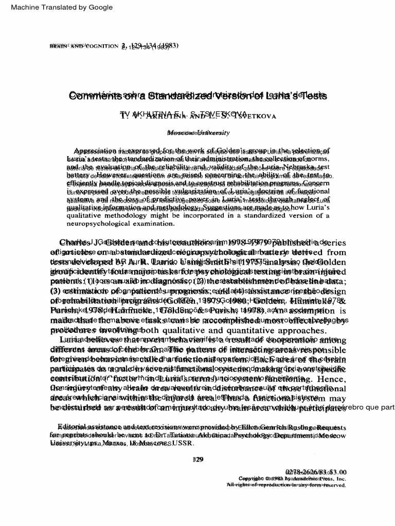 1983 - Comments On A Standardized Version of Luria's Tests | PDF ...
