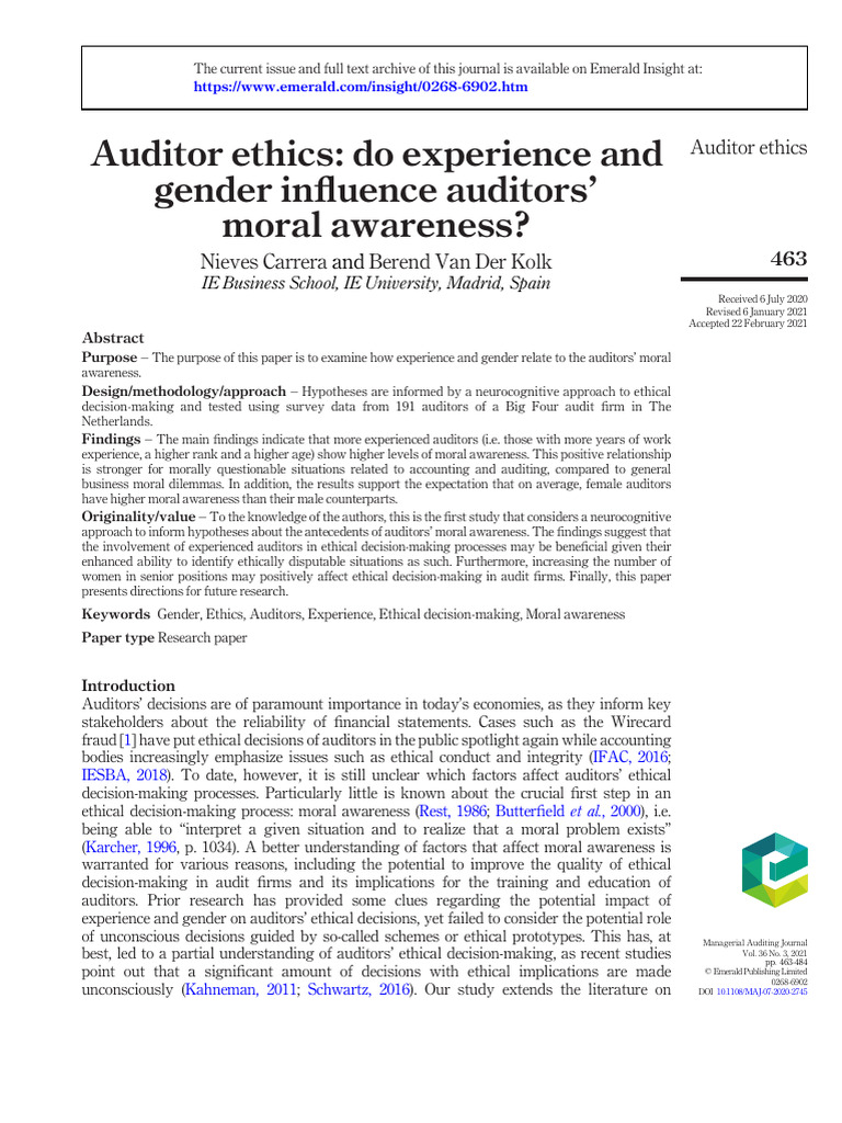 Auditor Ethics: Do Experience and Gender in Uence Auditors' Moral Awareness? | Download Free PDF ...