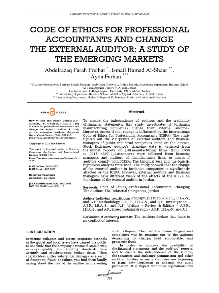 Code of Ethics For Professional Accountants and Change The External ...