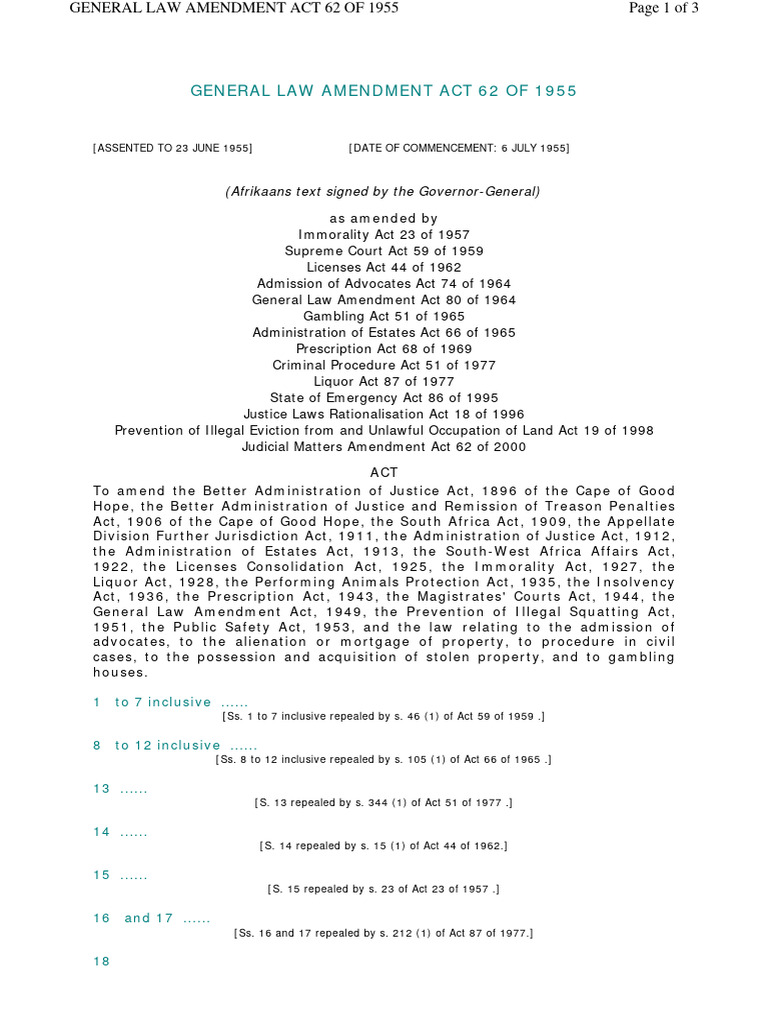 General Law Amendment Act 62 of 1955: (Afrikaans Text Signed by The Governor-General) | PDF ...