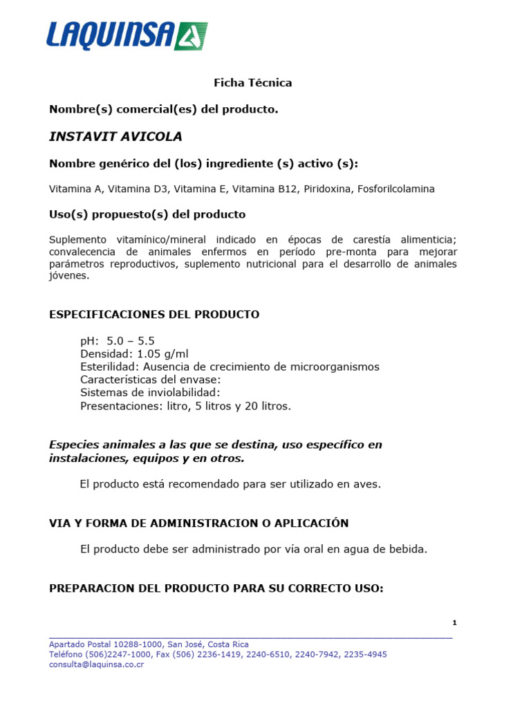 Instavit-Avicola FT | PDF | Vitamina a | Metabolismo