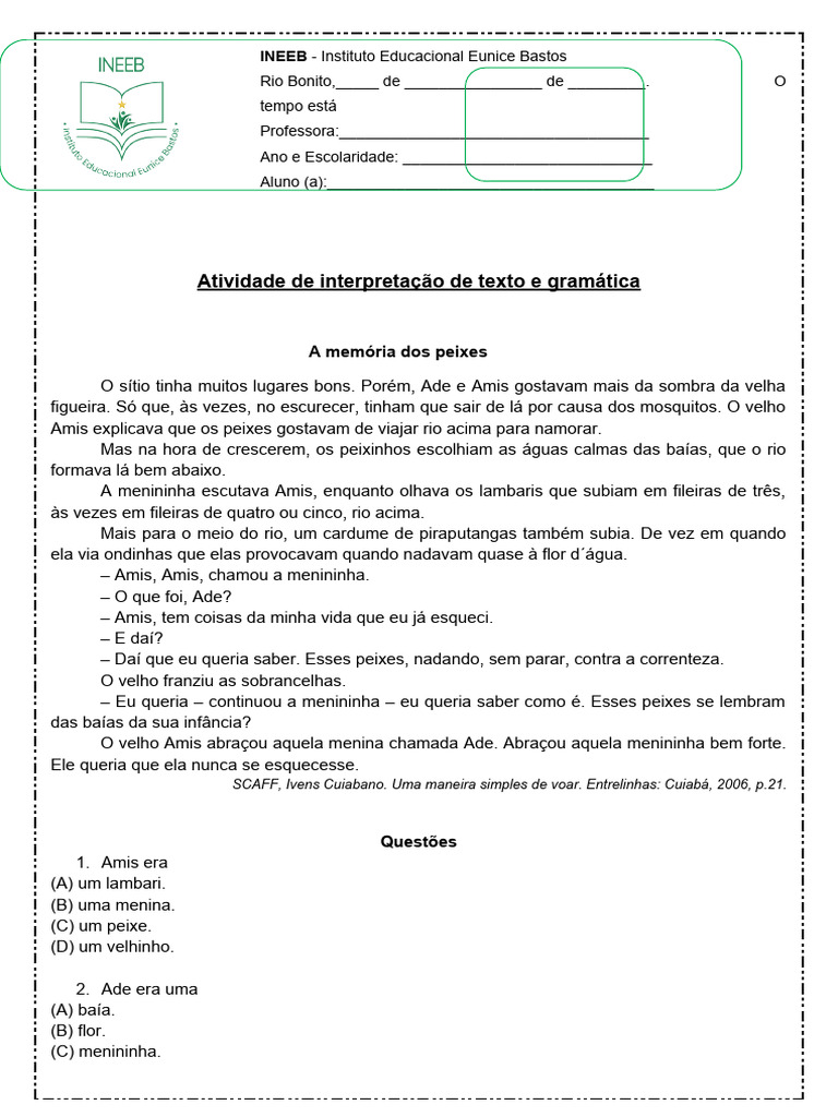 Atividades De Interpreta%C3%A7%C3%A3o De Texto 4%C2%BA Ano Para ...